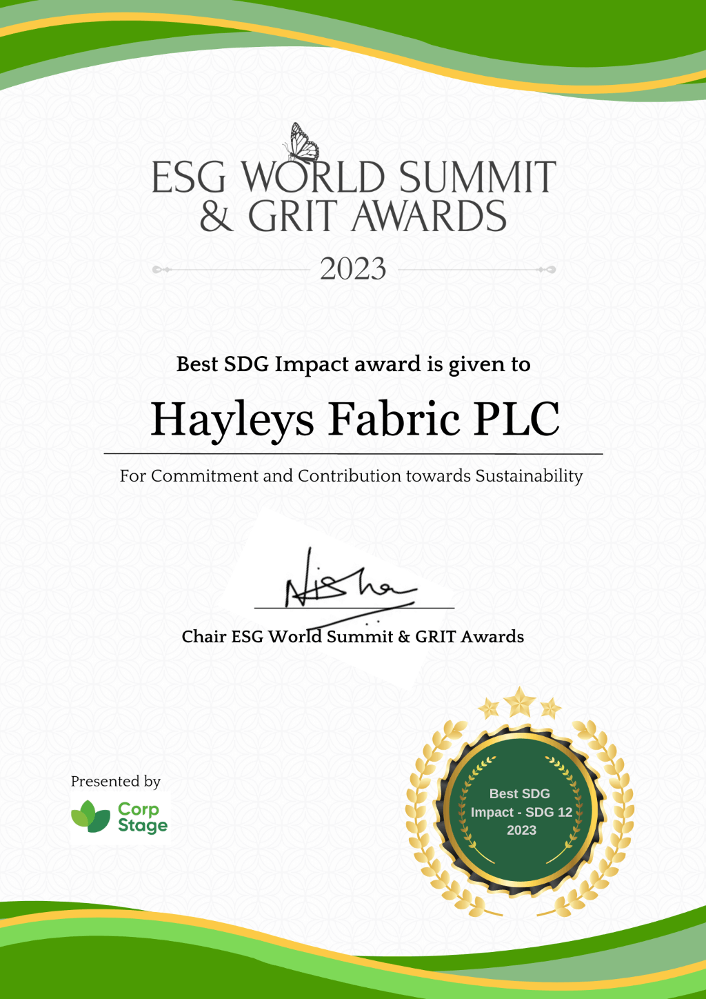 Hayleys Fabric recognised on global stage: Awarded Best SDG Impact at ...